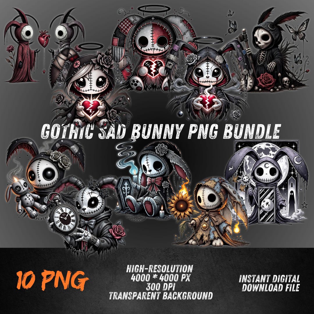 Gothic Sad Bunny PNG Bundle | Broken Heart Emo Rabbit Clipart for ...