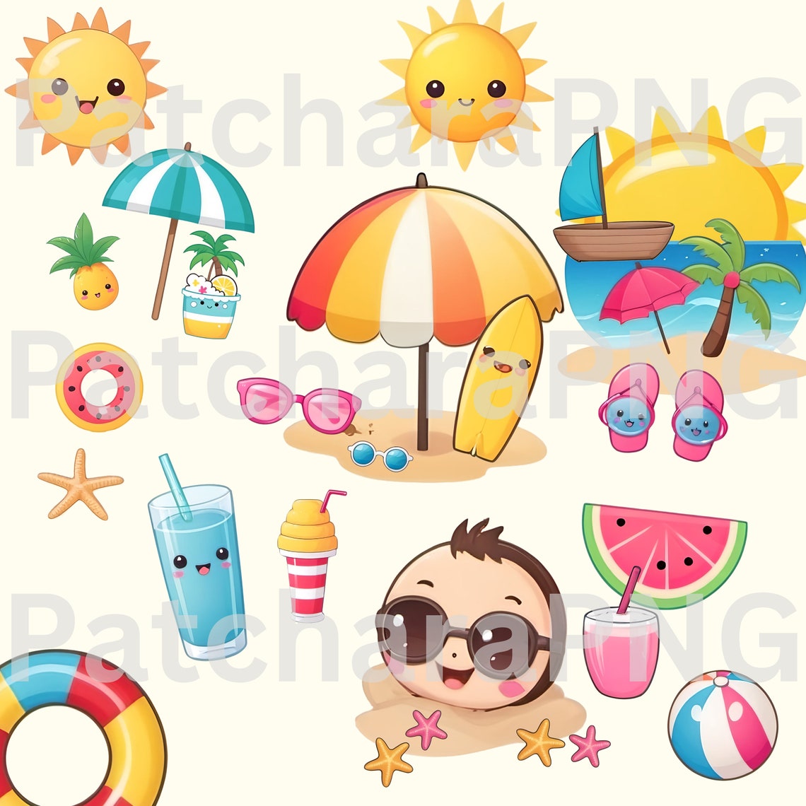 Kawaii Summer Beach Clipart Cute Beach Clipart Summer Fun PNG Adorable ...
