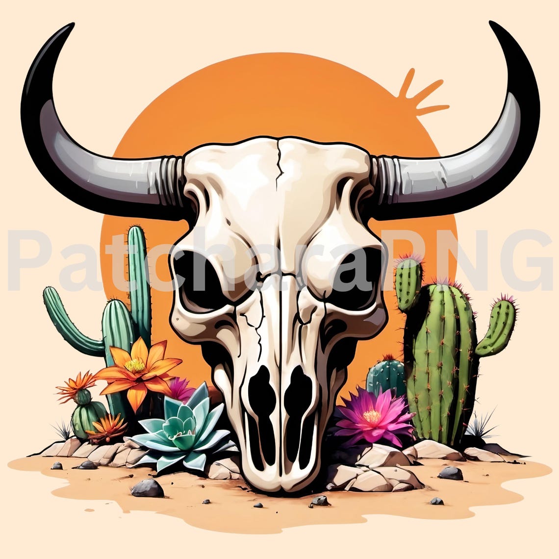 Desert Cow Skull Graffiti Art With Cacti and Flowers Cow Skull and ...