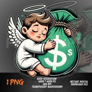 Angel Hugging Money Bag PNG - Cute Hustle Manifestation Graphic for DTF ...