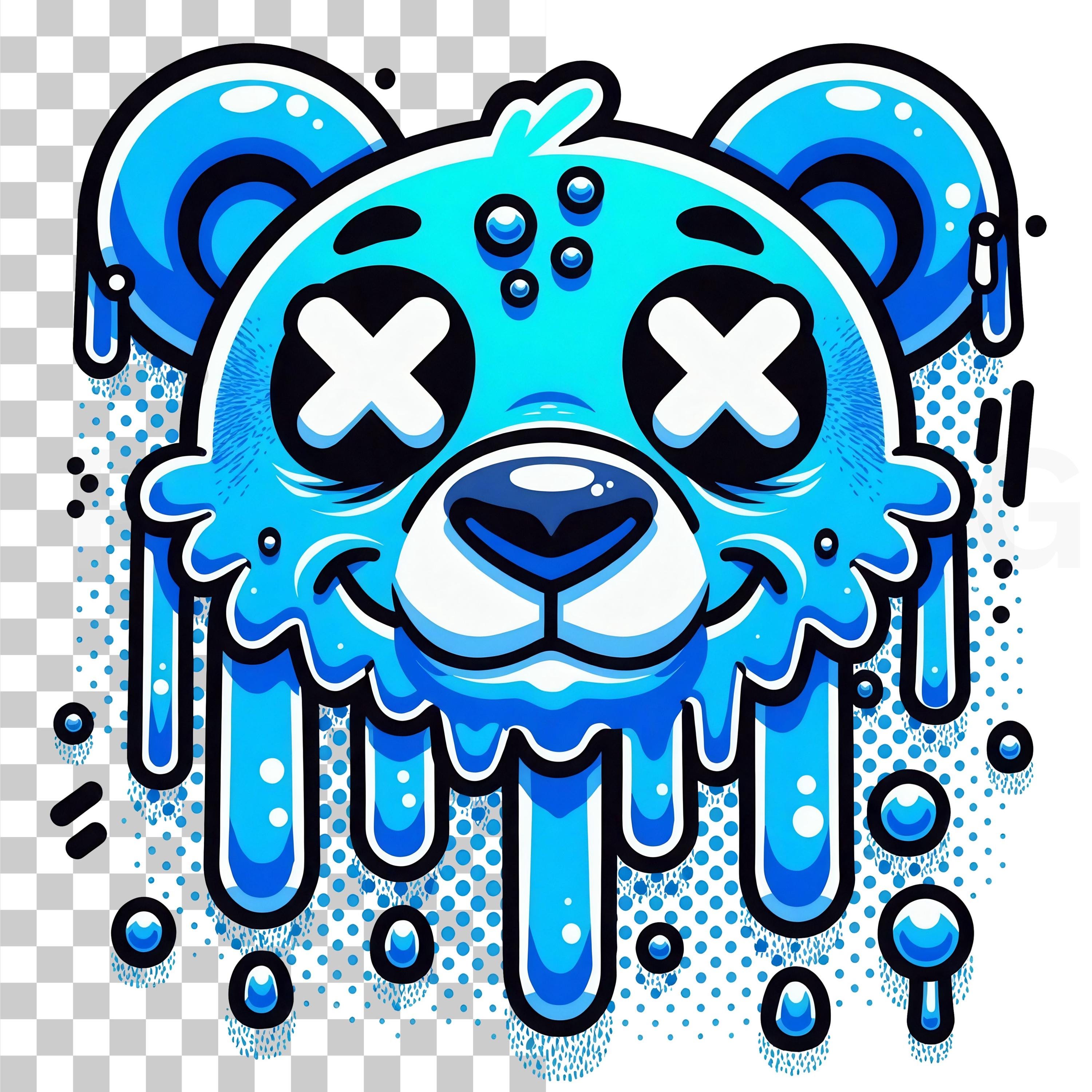 Melting Blue Bear Clipart – Drippy Cartoon Bear PNG, Kawaii X Eyes ...