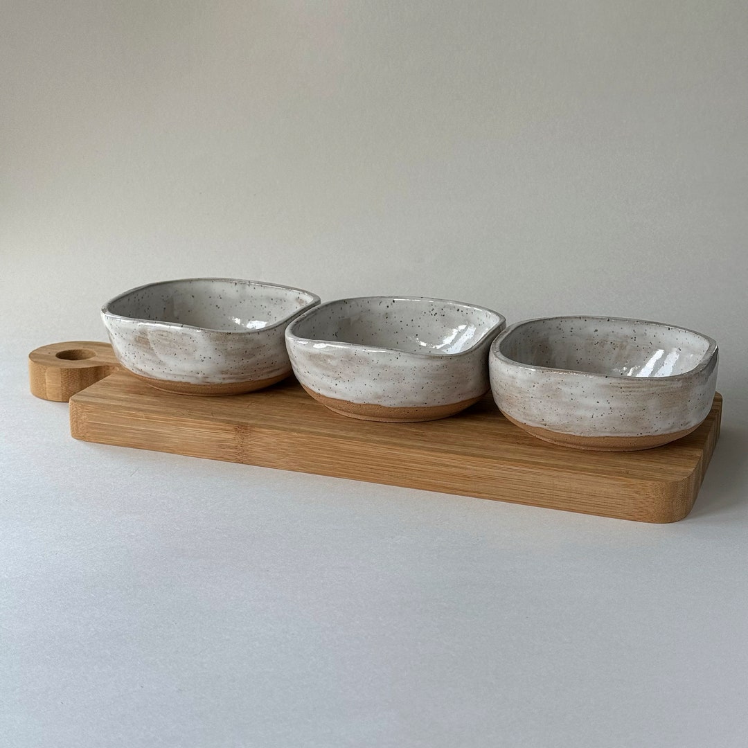 Set of 3 Small Handmade Ceramic Bowls in Speckled White With Wooden ...