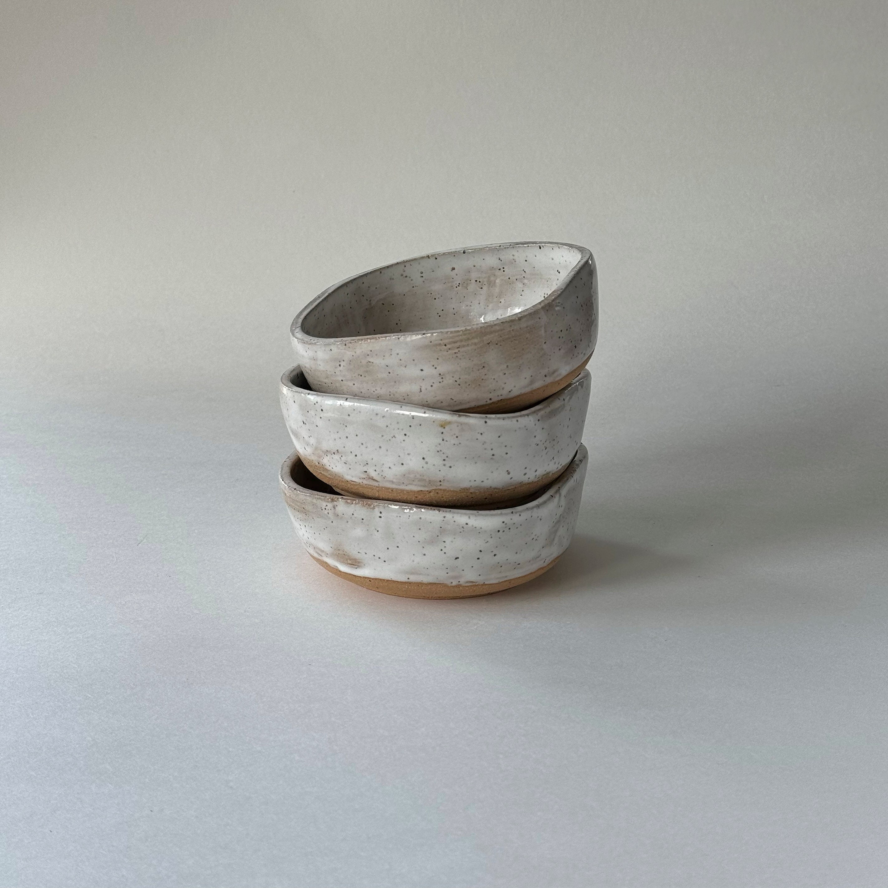 Set of 3 Small Handmade Ceramic Bowls in Speckled White With Wooden ...