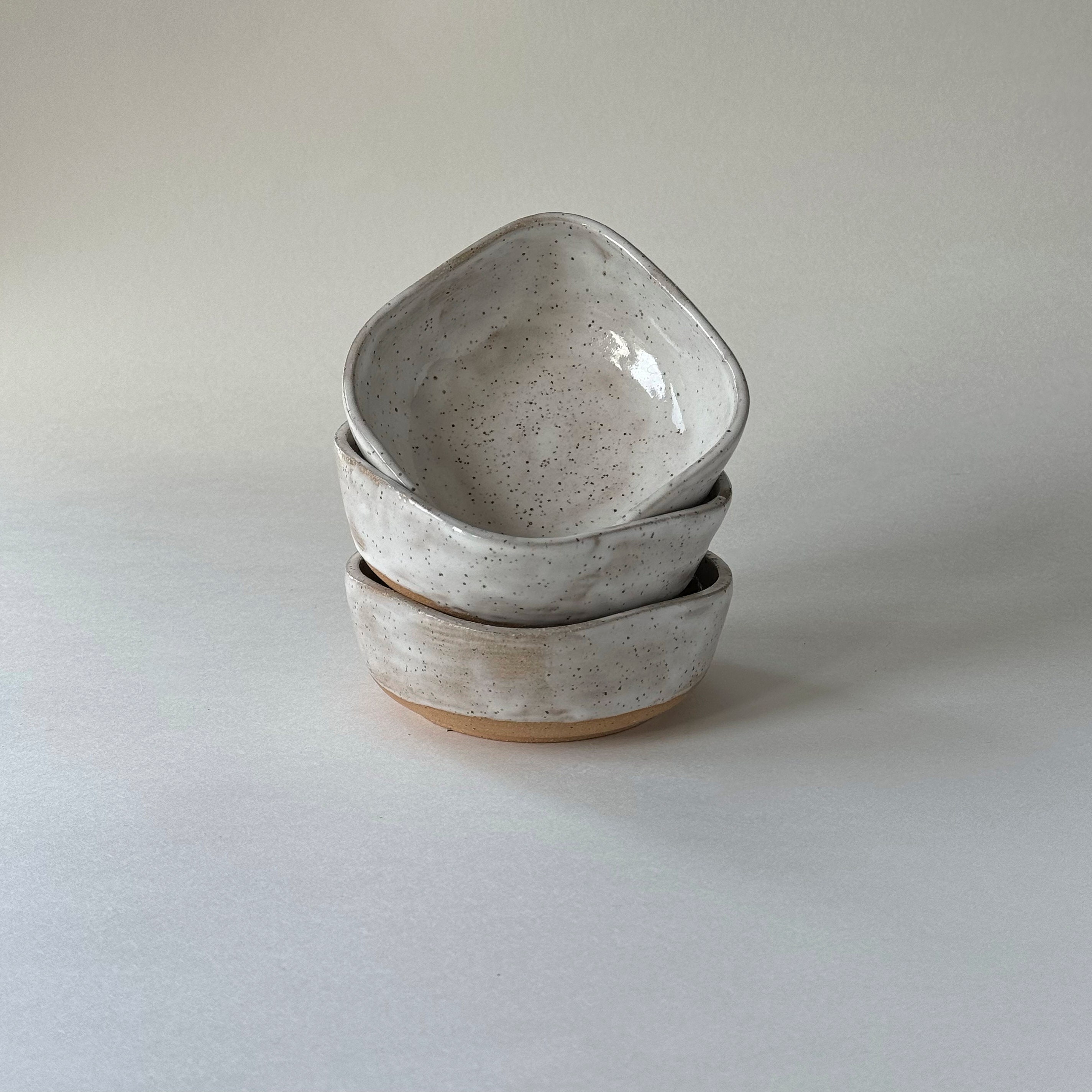 Set of 3 Small Handmade Ceramic Bowls in Speckled White With Wooden ...