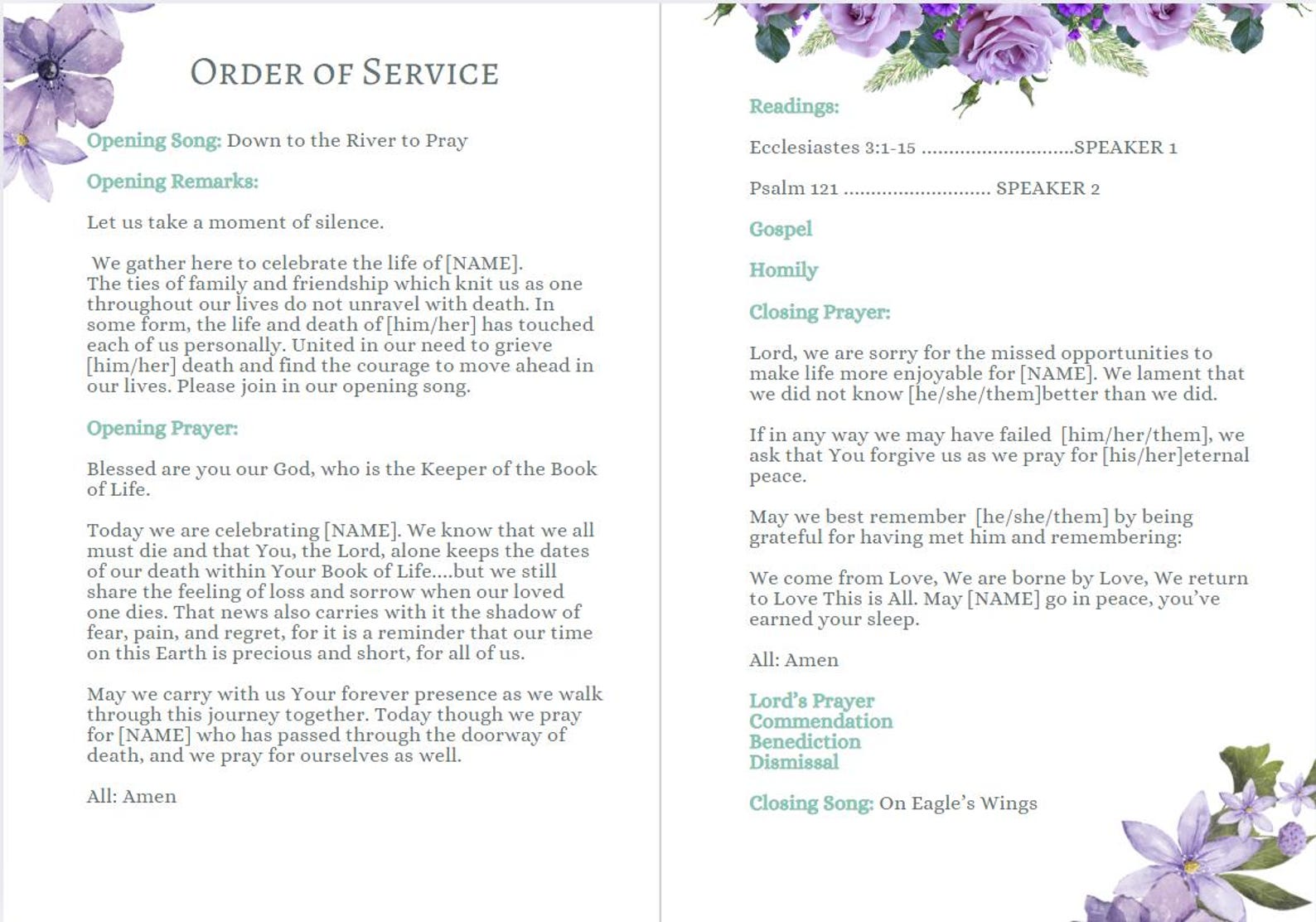 Editable Funeral Program Template, Funeral Memorial, Lavender Purple ...