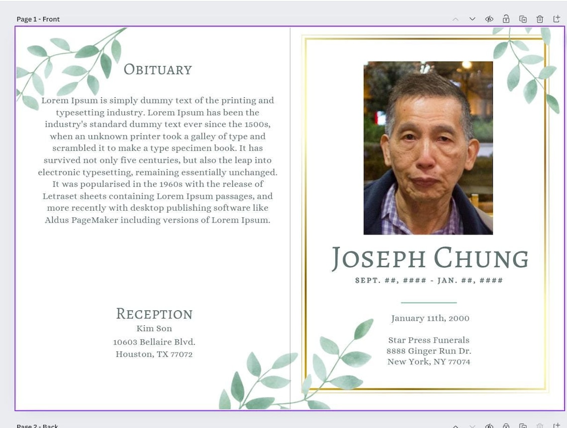 Editable Funeral Program Template, Funeral Memorial, Greenery Order of ...