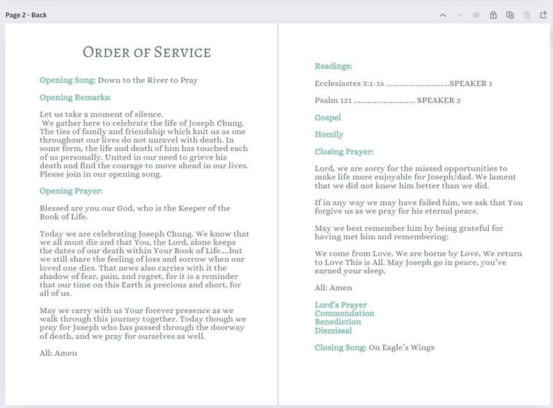 Editable Funeral Program Template, Funeral Memorial, Greenery Order of ...