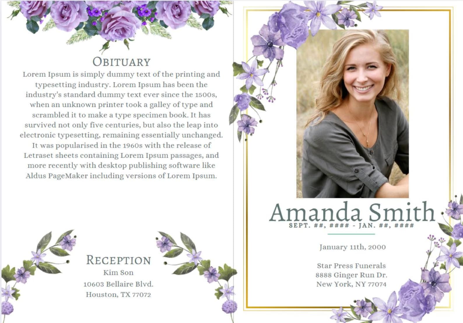 Editable Funeral Program Template, Funeral Memorial, Lavender Purple ...