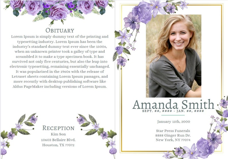 Editable Funeral Program Template, Funeral Memorial, Lavender Purple ...