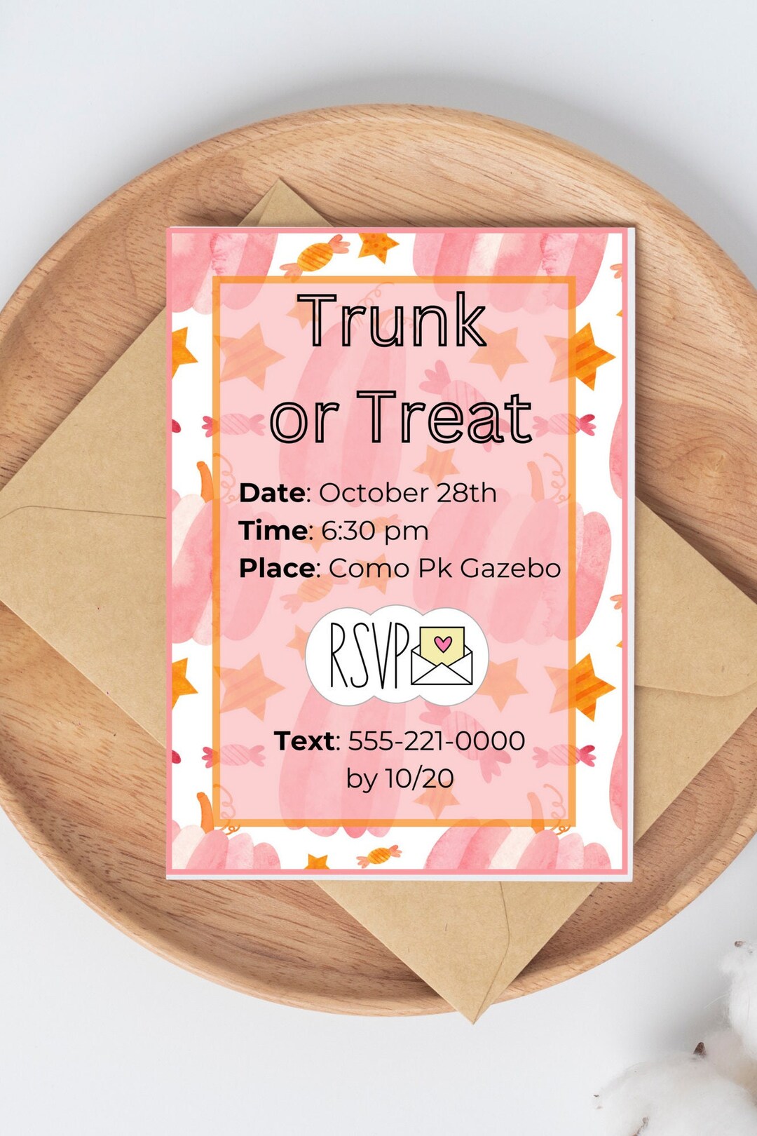 Cute Girly Trunk or Treat Invitation, Pink & Orange for Halloween, Size ...