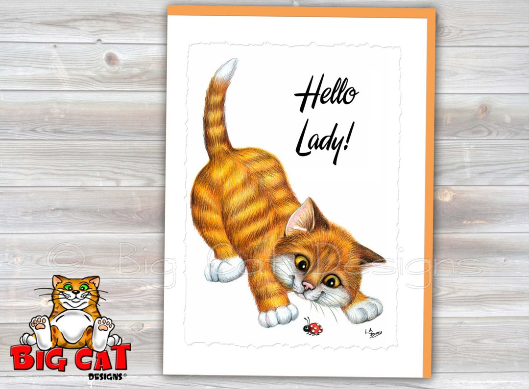 Greeting Card HELLO LADY Orange Tabby Kitten With Ladybug 5x7 Size ...