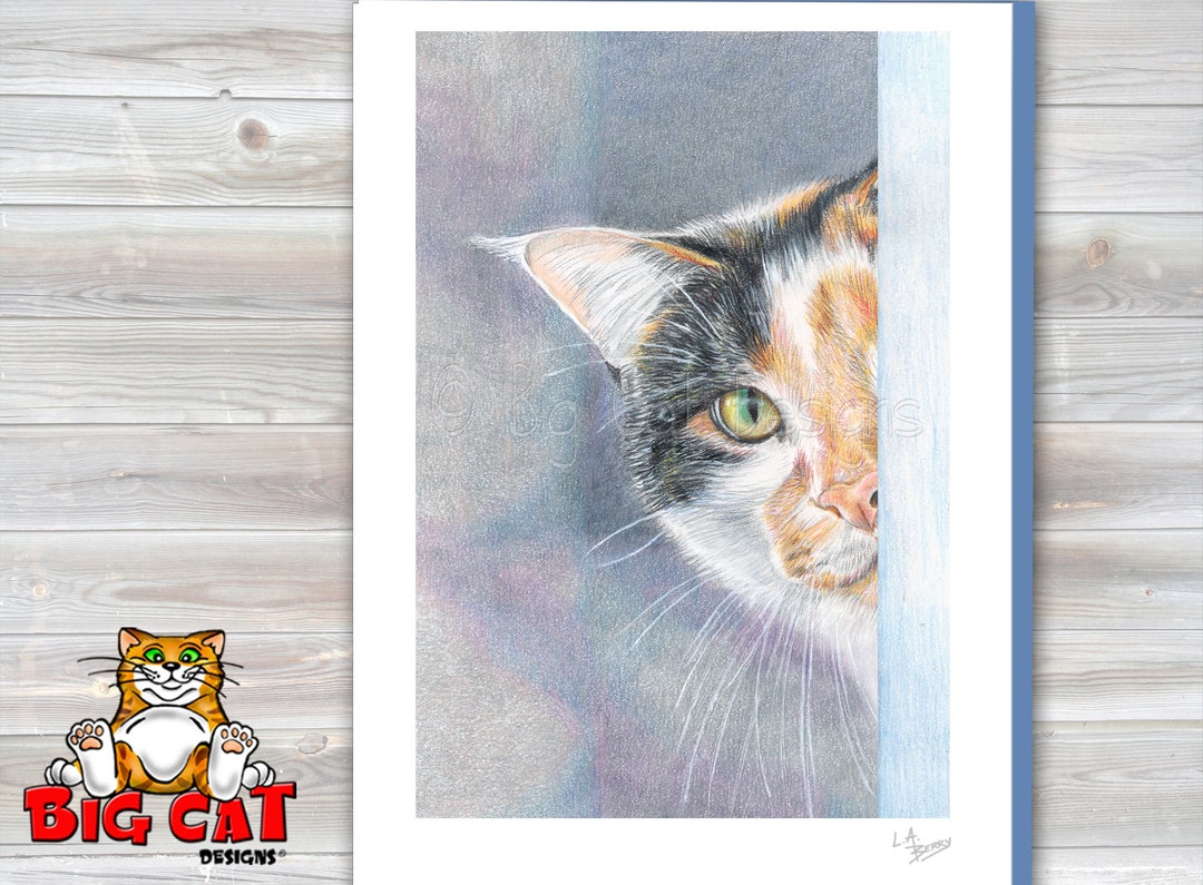 Cat Greeting Card PEEKING Calico Cat Portrait- 5x7 Size. Handmade Note ...