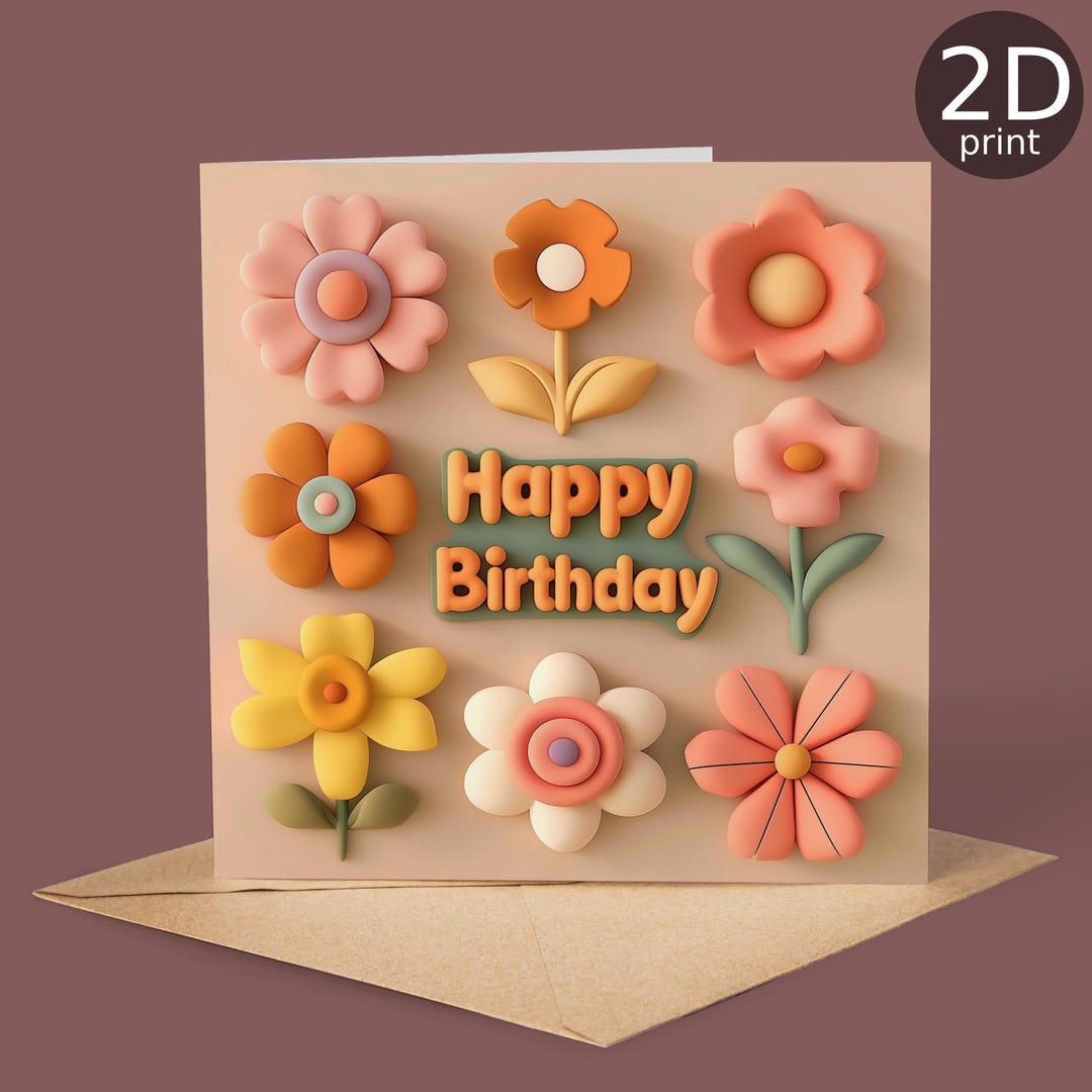 Peach & Pink Flower Power Happy Birthday, 2D Print Card, Cute Kawaii ...