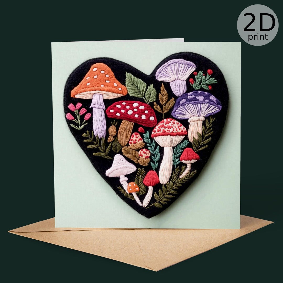2D Print Dark Mushroom Heart Valentines Card, Nature Lovers ...