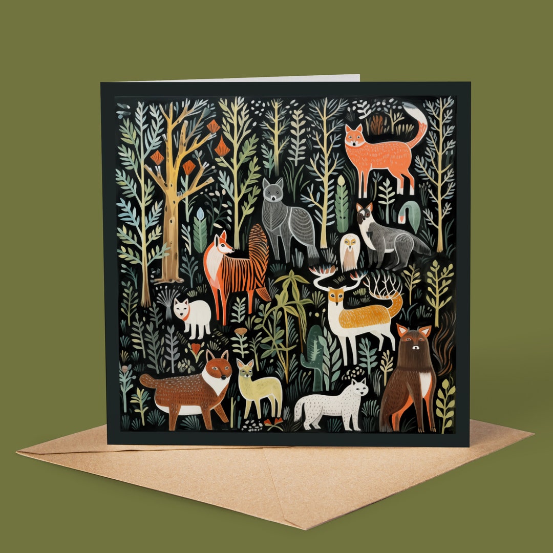 Woodland Animals Card, Folk Art Greeting UK, Nature Lovers, Thank You ...