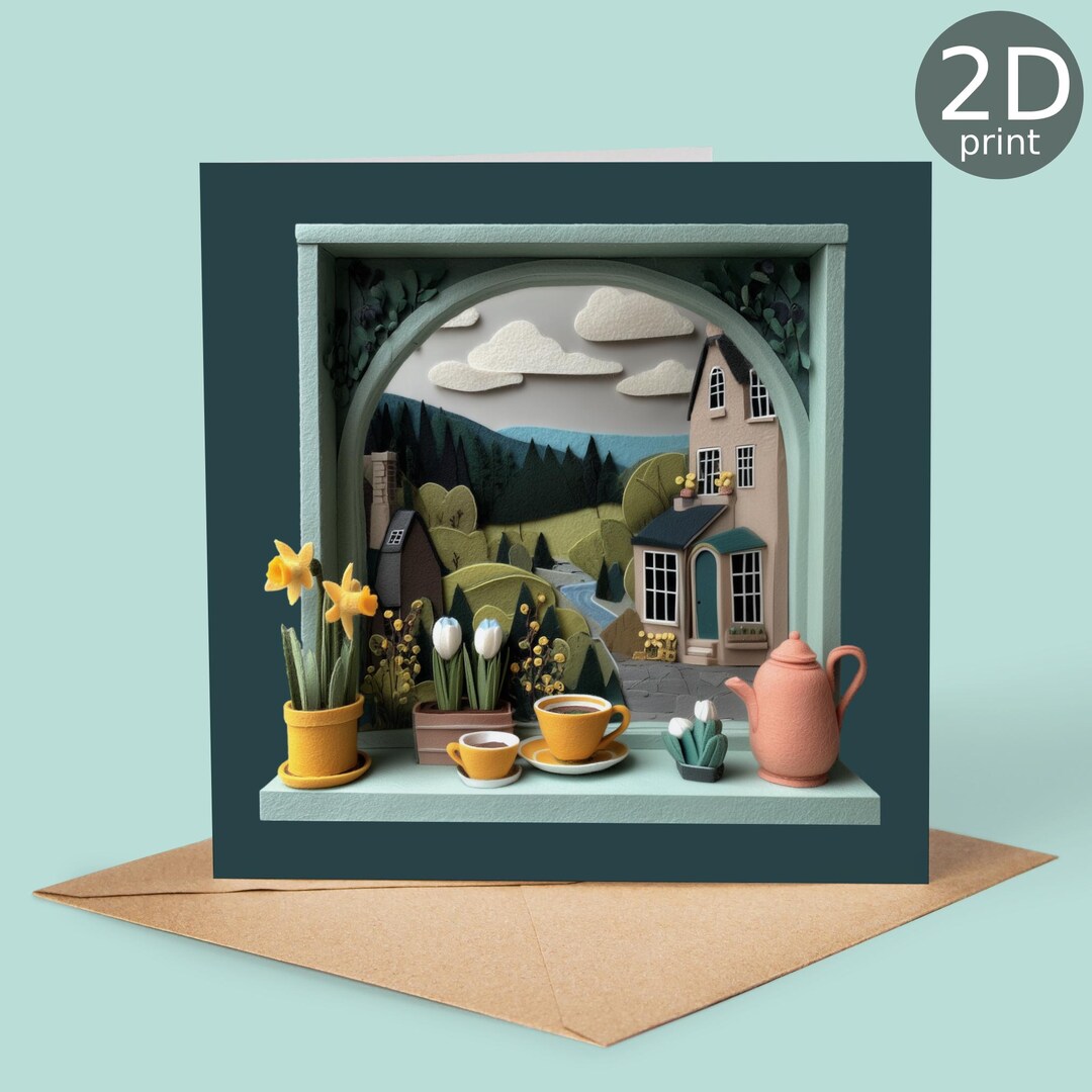 Tea Time Windowsill 2D Print Shadow Box Card | Magic Birthday Greeting ...