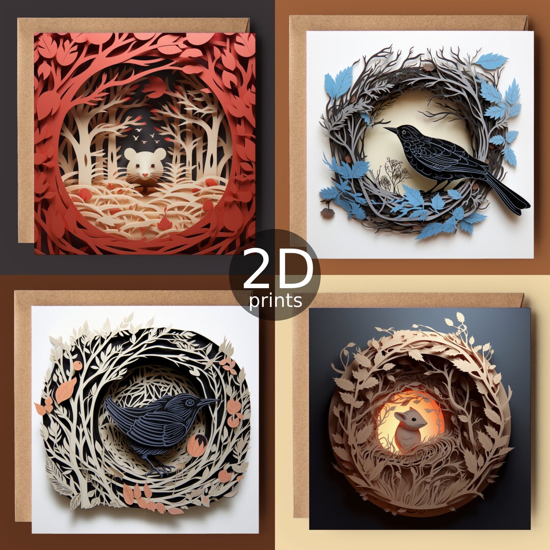 Mouse & Bird Nest Cards Set of 4, Floral 2D Greeting UK, Happy Birthday ...