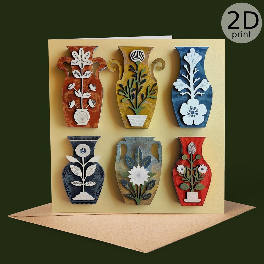 Floral Vase 2D Greeting Card – Botanical Vintage Style Vases, Elegant ...