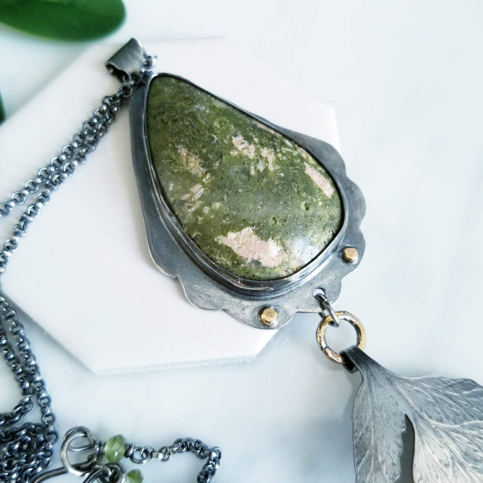 Pink & Green Stone Necklace With Embossed Fern Leaf 14K Gold - Etsy