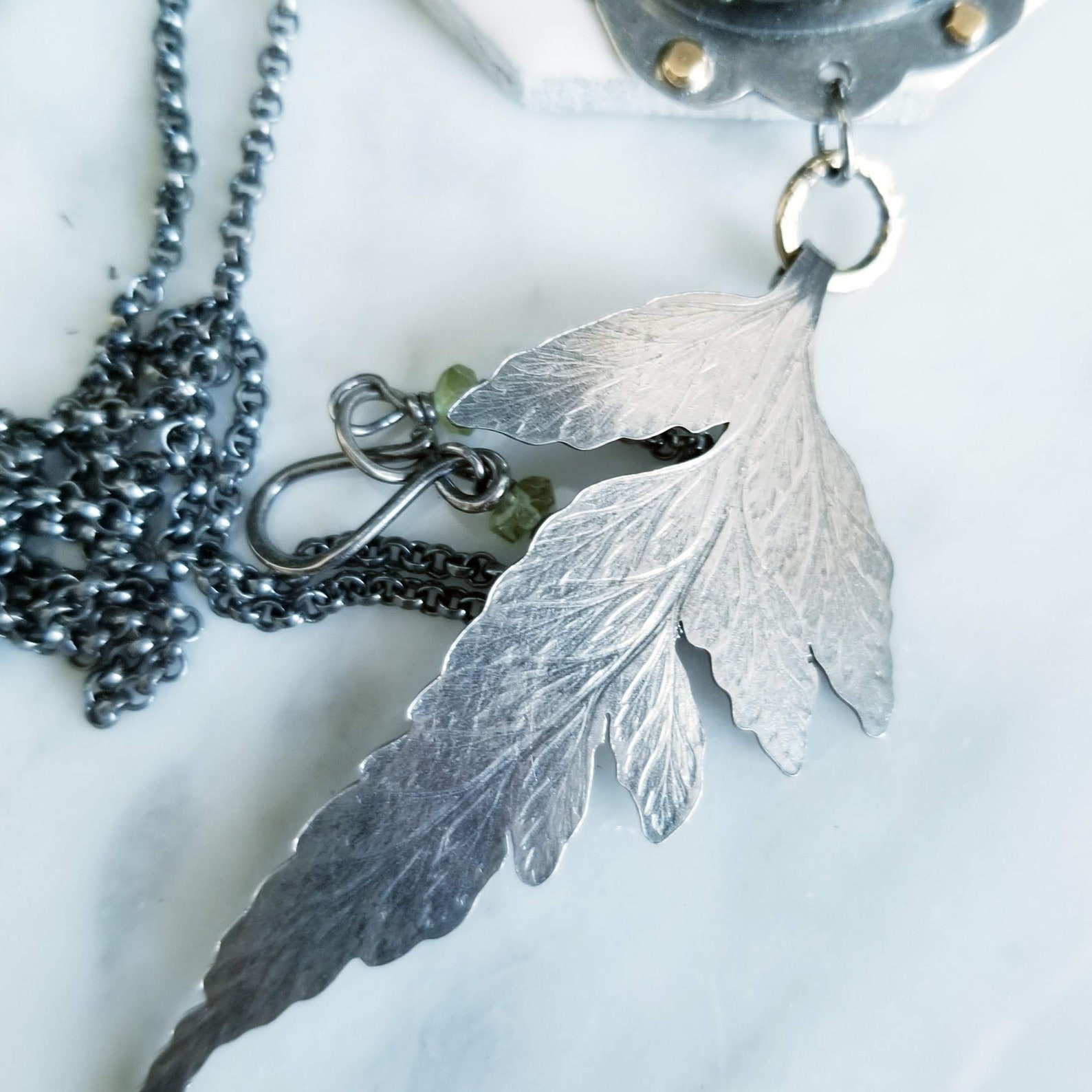 Pink & Green Stone Necklace With Embossed Fern Leaf 14K Gold - Etsy