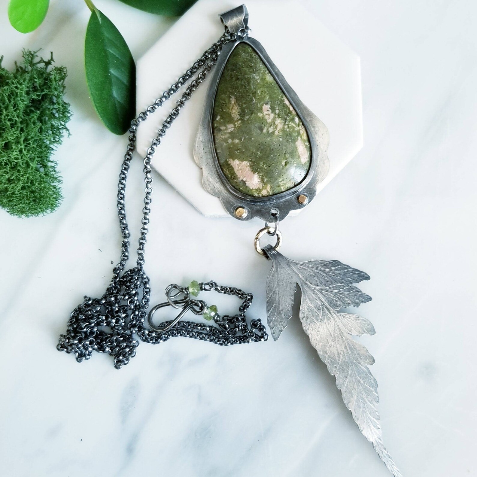 Pink & Green Stone Necklace With Embossed Fern Leaf 14K Gold - Etsy