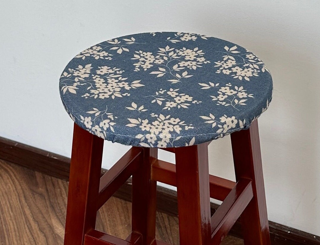 Blue Floral Linen Counter Stool Cover, Washable and Removable Cover ...
