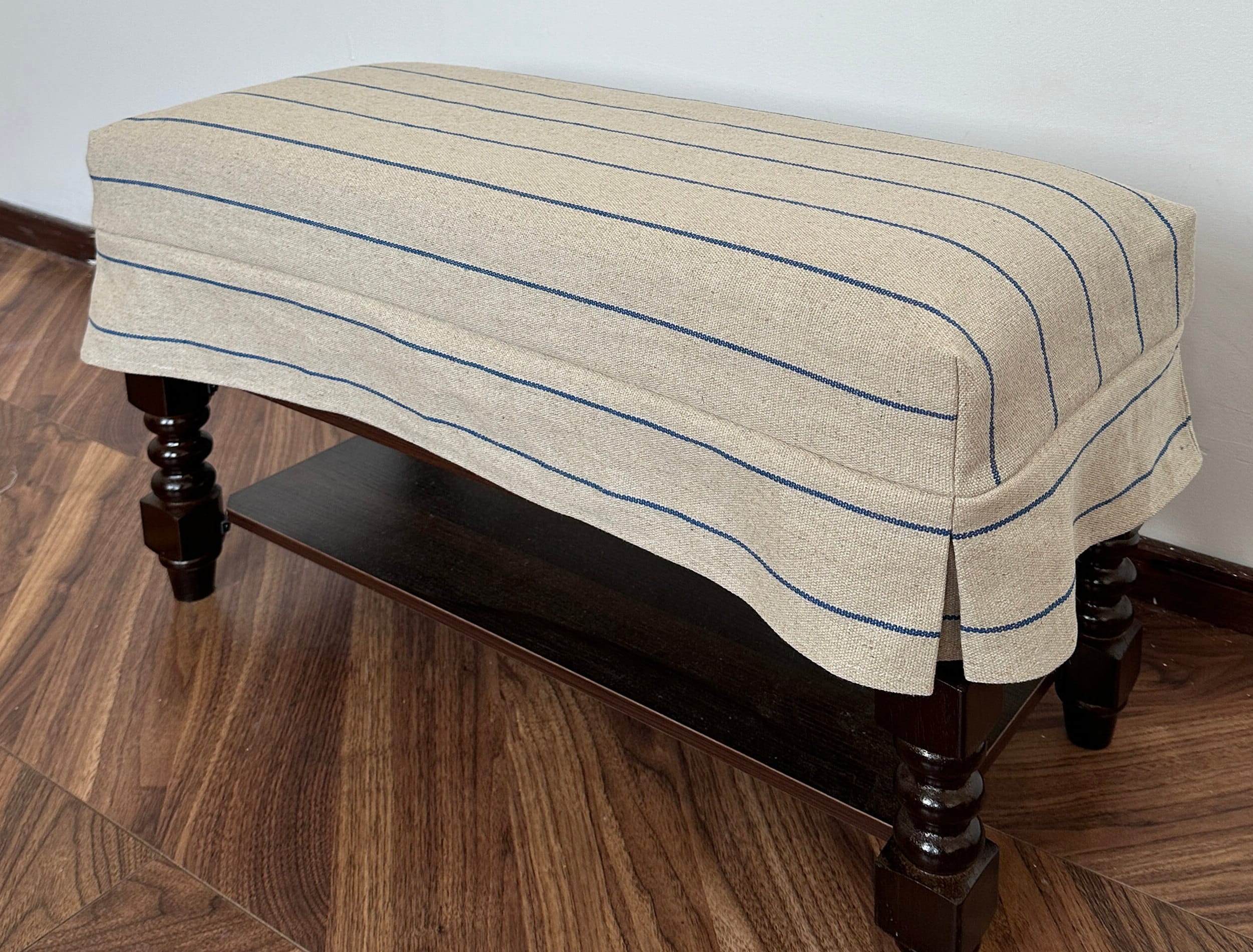 Beige Linen Footstool Cover,blue Stripe Cover,custom Footstool Cover ...