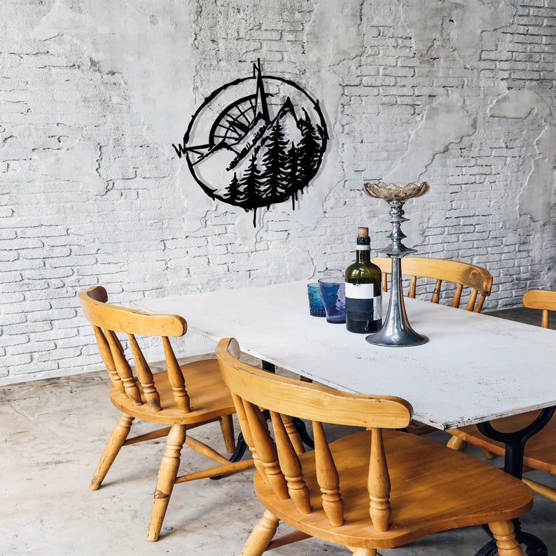 Metal Mountain Wall Art Compass and Forest Metal Wall Decor Outdoor ...