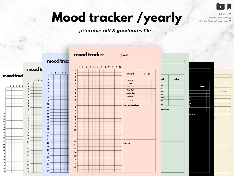 Yearly Mood Tracker Printable Sheets: Monthly Template, Daily Emotional ...