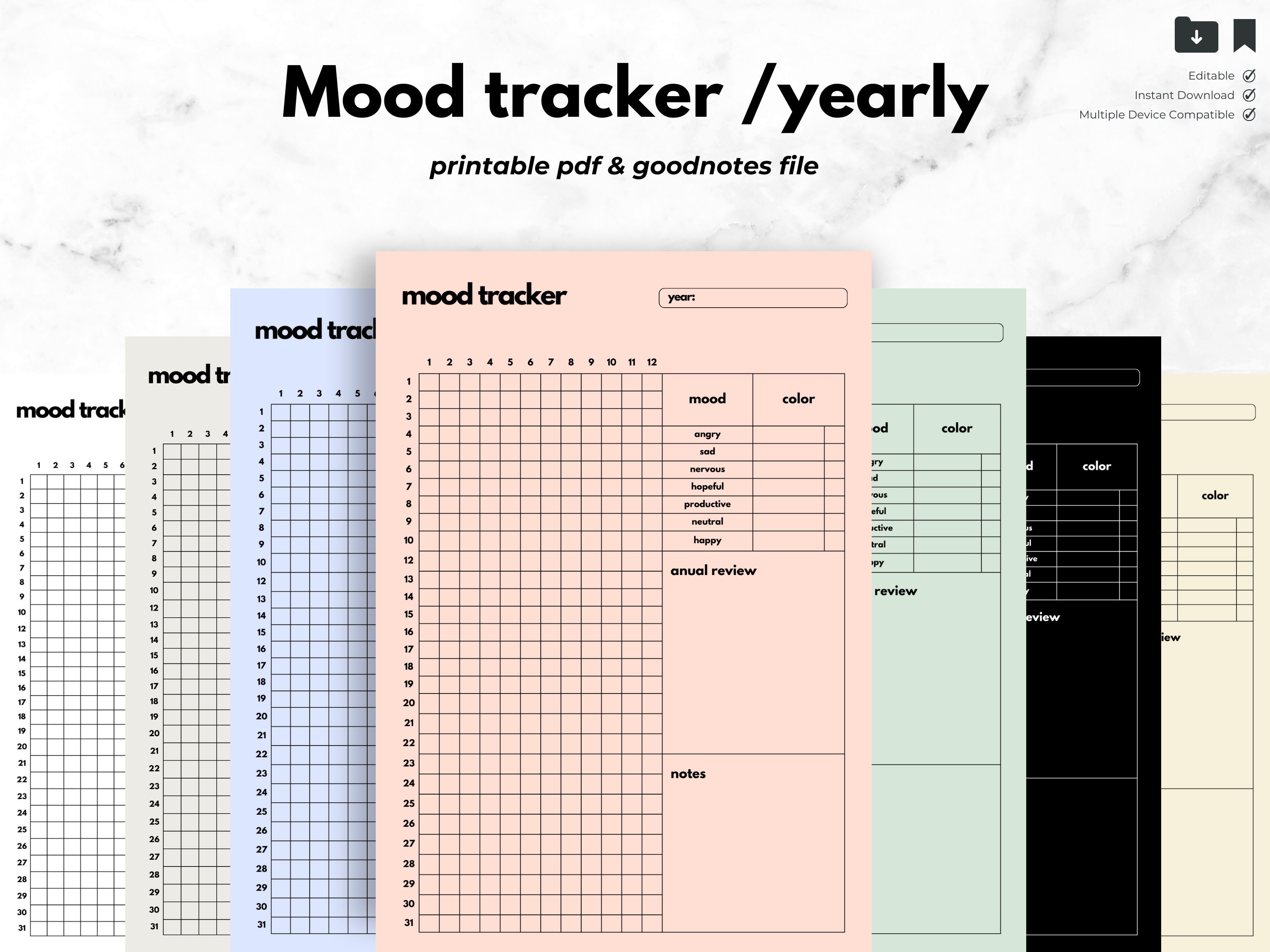 Yearly Mood Tracker Printable Sheets: Monthly Template, Daily Emotional ...