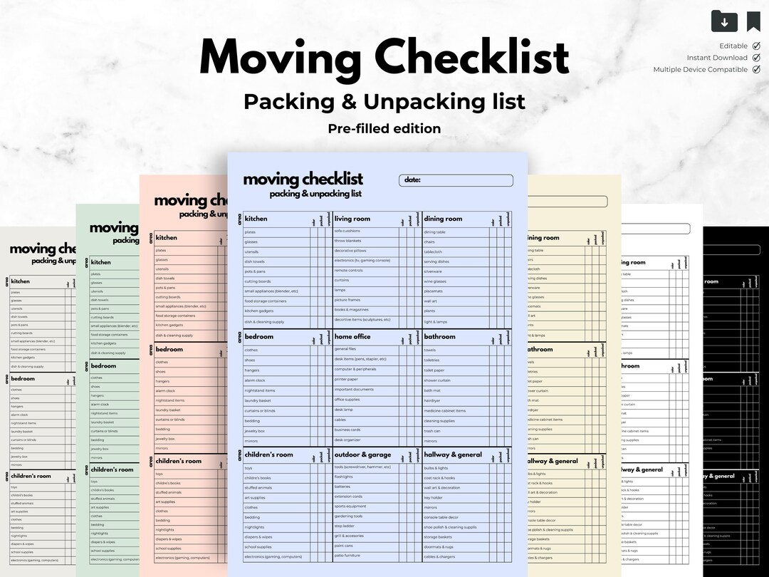 Pre-filled Packing & Unpacking Checklist for Moving or Relocation ...