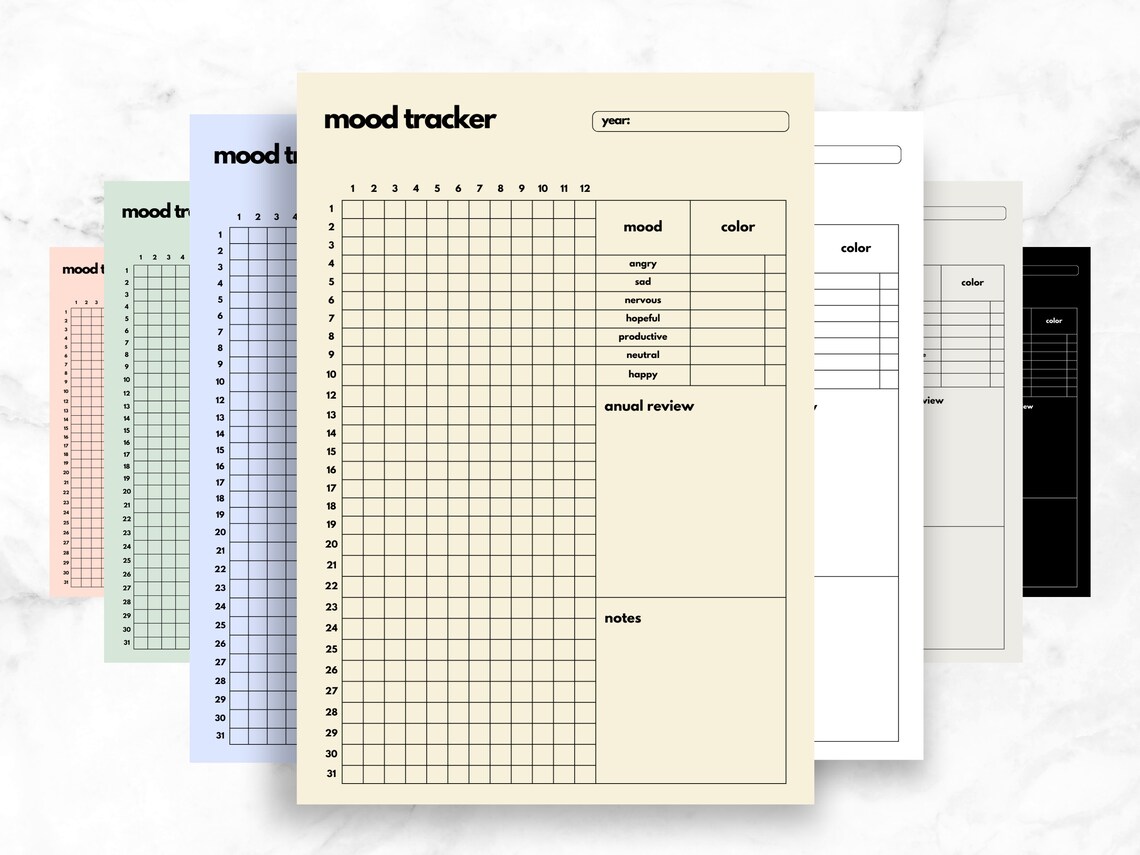 Yearly Mood Tracker Printable Sheets: Monthly Template, Daily Emotional ...