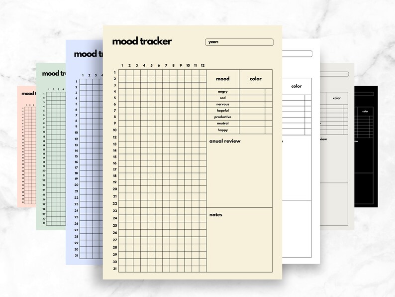 Yearly Mood Tracker Printable Sheets: Monthly Template, Daily Emotional ...