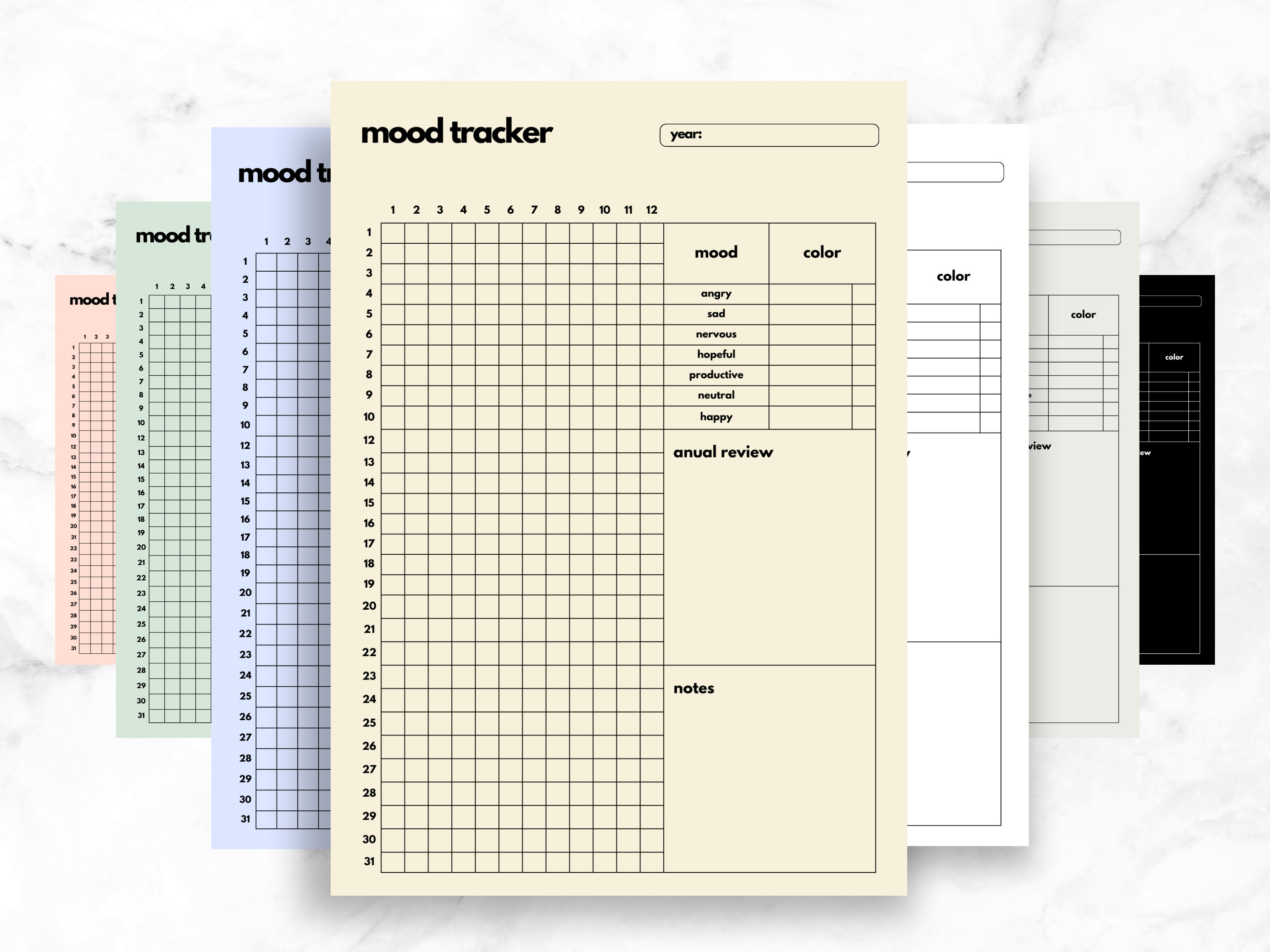 Yearly Mood Tracker Printable Sheets: Monthly Template, Daily Emotional ...