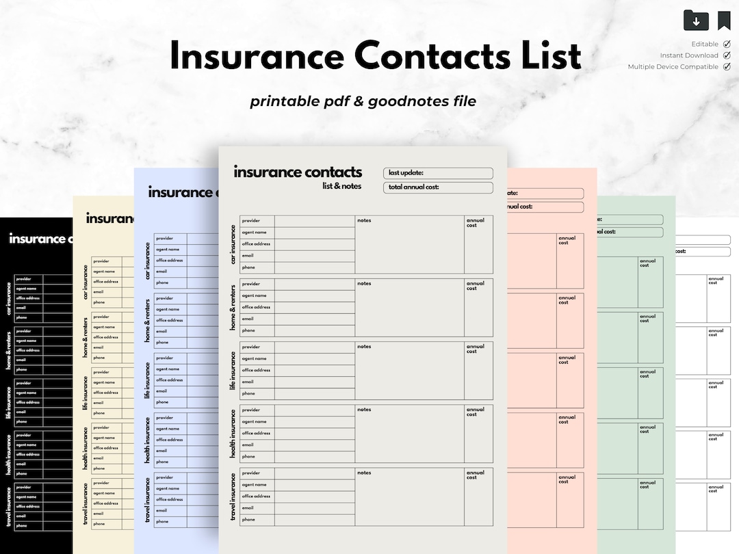 Insurance Contact List Template Organizational Tool Customizable Colors ...