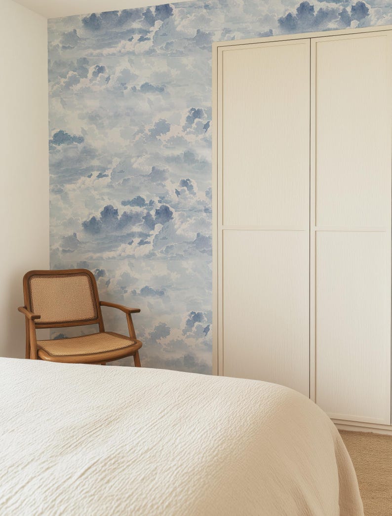 Blue Cloud Mural Wallpaper: Hand-painted Sky, Removable or Traditional ...