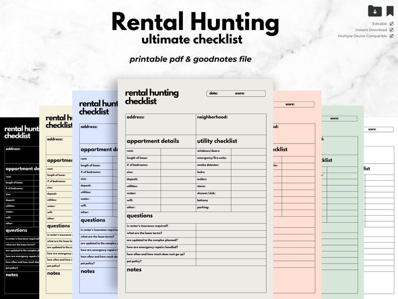 Rental Property Hunting Checklist: Apartment Search Organizer, Score ...