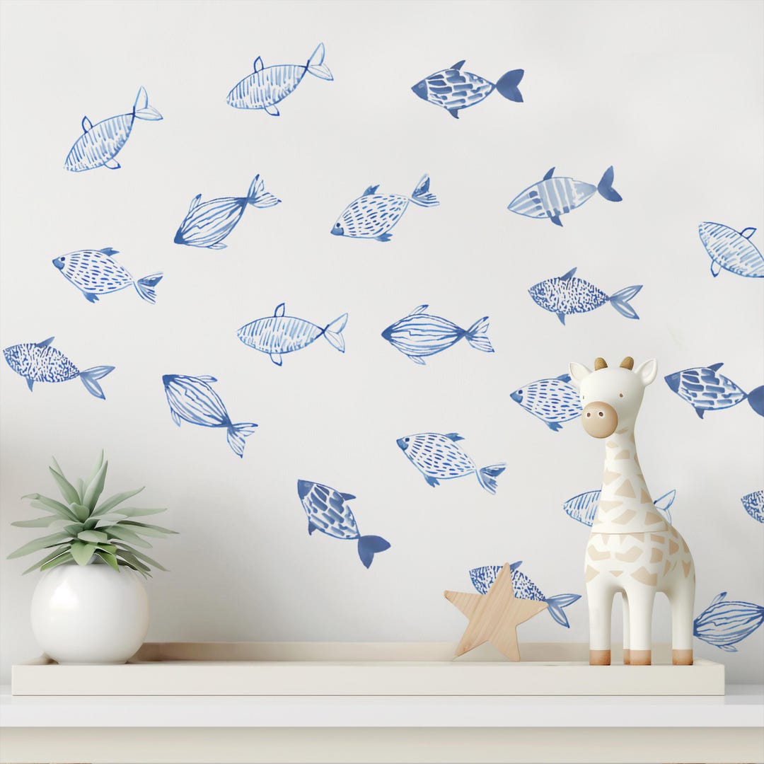 Blue Watercolor Fish Decals – Peel & Stick Aquarium Art, School of Fish ...