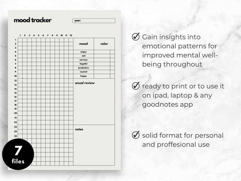 Yearly Mood Tracker Printable Sheets: Monthly Template, Daily Emotional ...