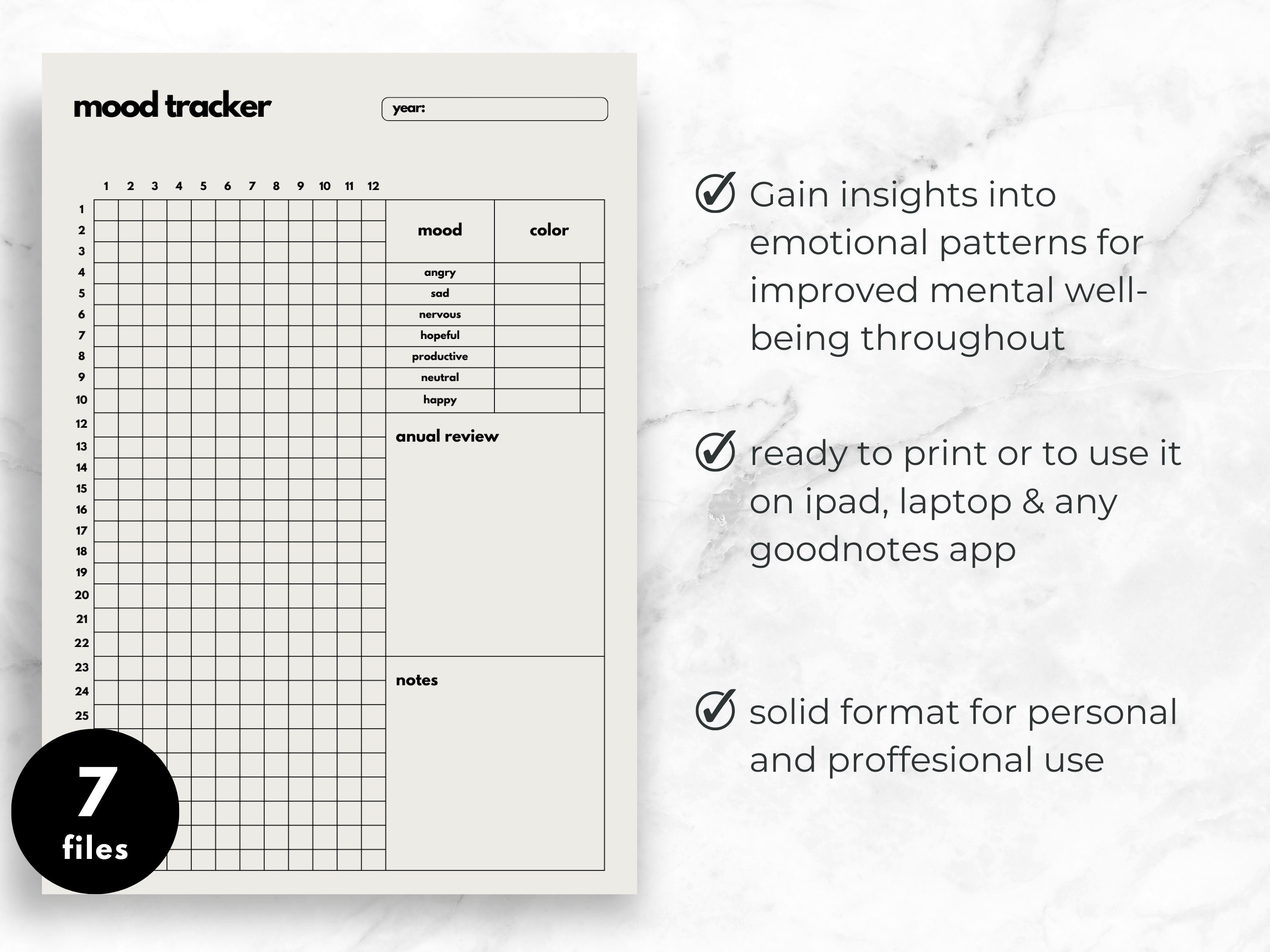 Yearly Mood Tracker Printable Sheets: Monthly Template, Daily Emotional ...