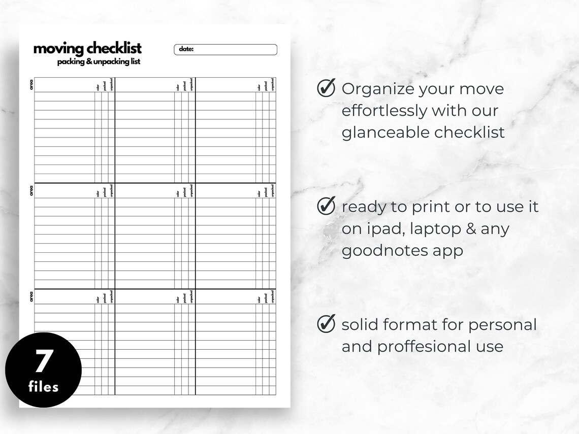 Pre-filled Packing & Unpacking Checklist for Moving or Relocation ...