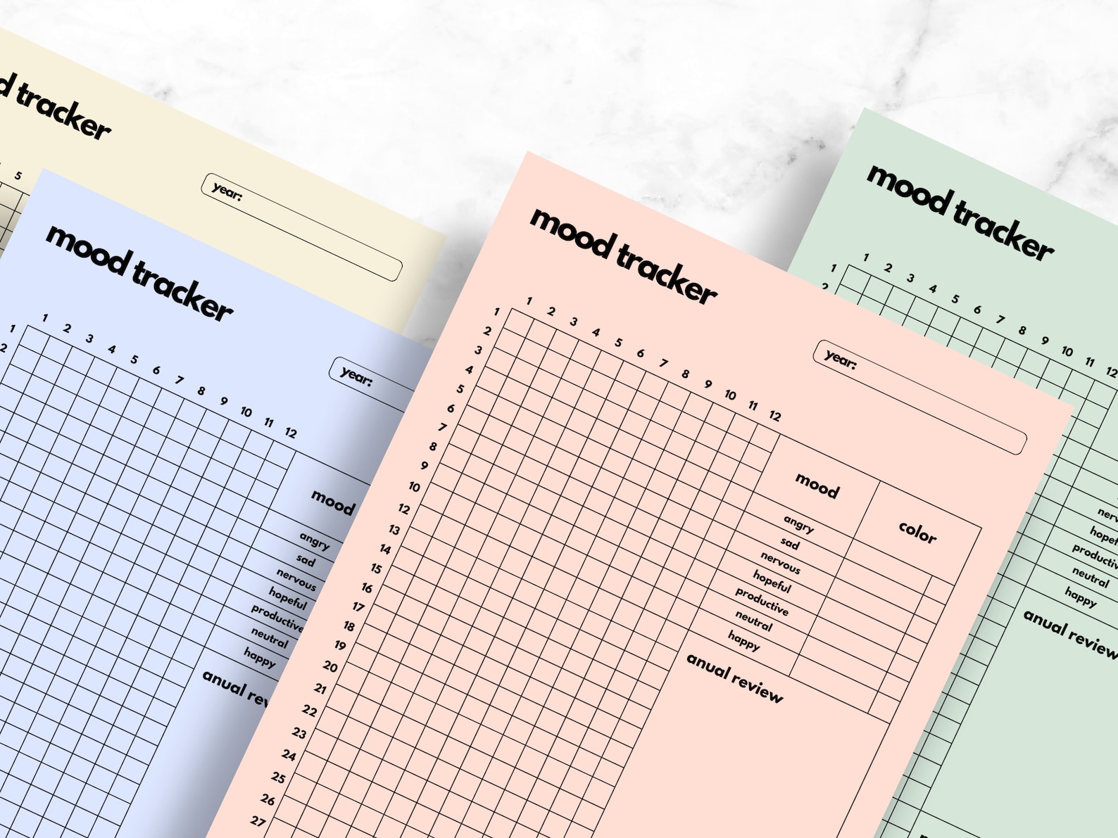 Yearly Mood Tracker Printable Sheets: Monthly Template, Daily Emotional ...