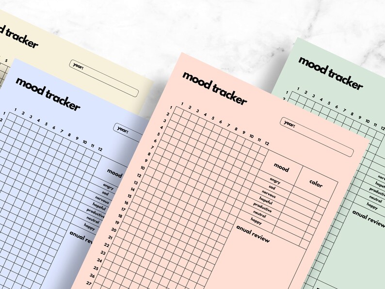Yearly Mood Tracker Printable Sheets: Monthly Template, Daily Emotional ...