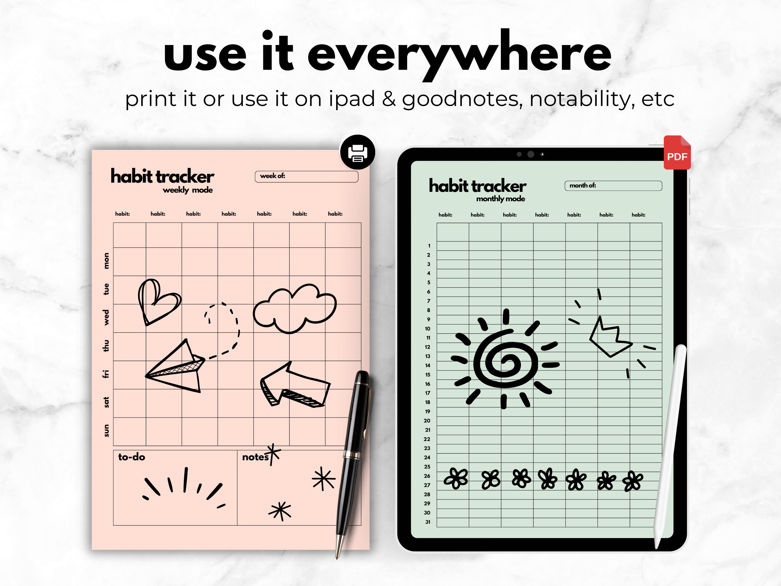 Habit Tracker WEEKLY & MONTHLY Layout Customizable Design Colors ...