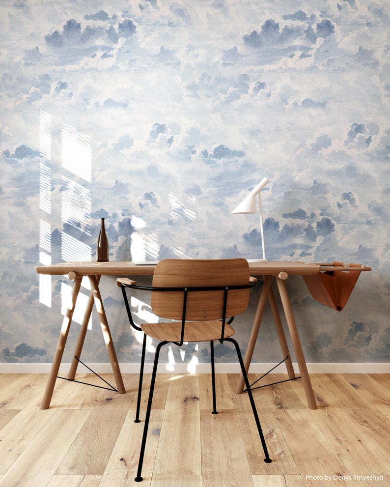 Blue Cloud Mural Wallpaper: Hand-painted Sky, Removable or Traditional ...