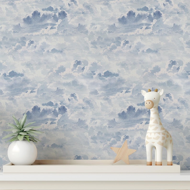 Blue Cloud Mural Wallpaper: Hand-painted Sky, Removable or Traditional ...