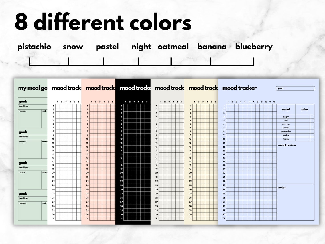 Yearly Mood Tracker Printable Sheets: Monthly Template, Daily Emotional ...