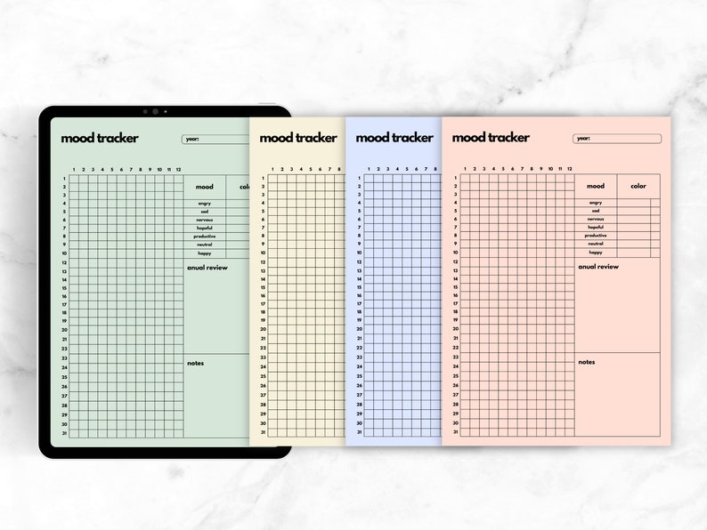 Yearly Mood Tracker Printable Sheets: Monthly Template, Daily Emotional ...