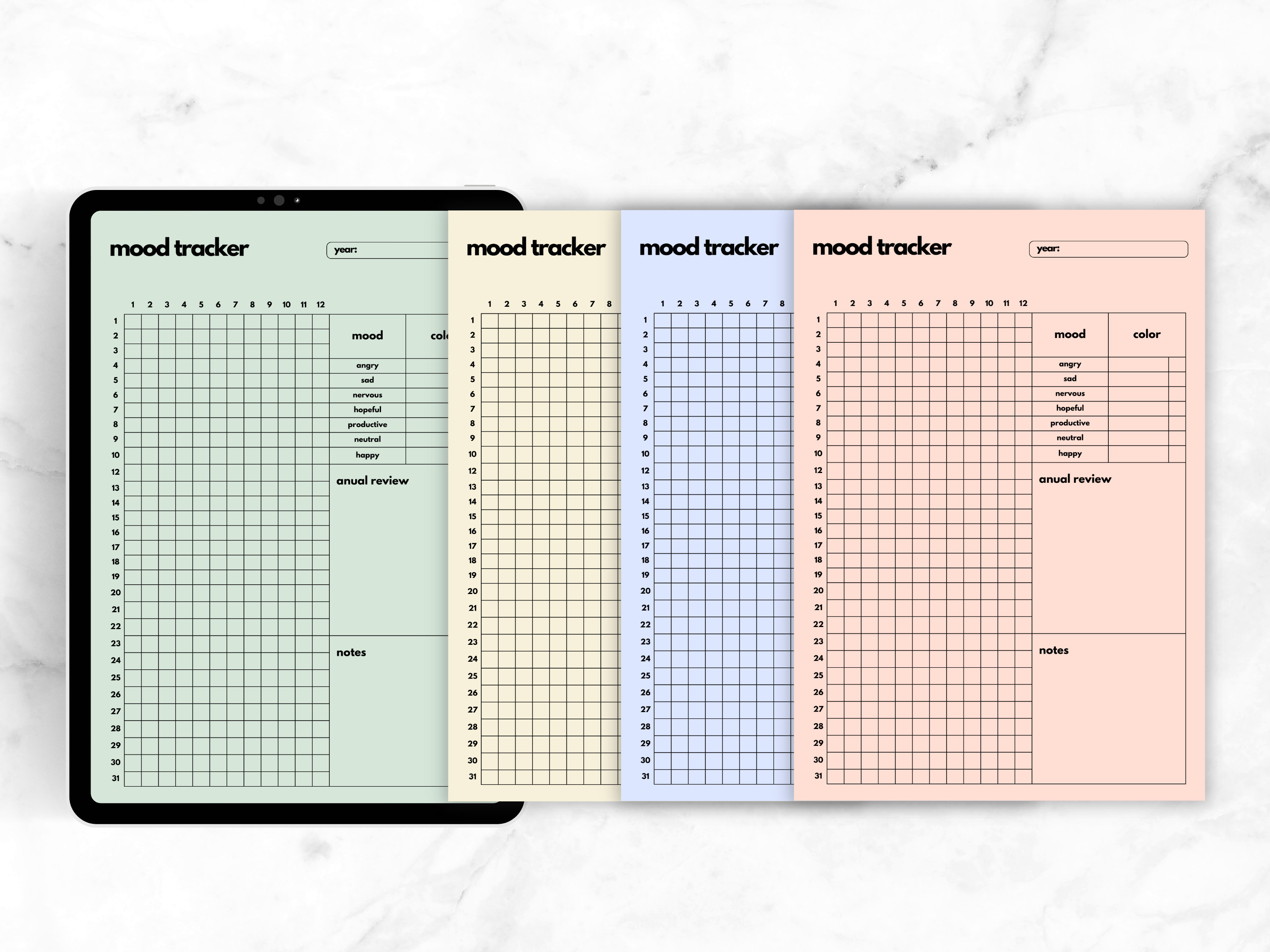 Yearly Mood Tracker Printable Sheets: Monthly Template, Daily Emotional ...
