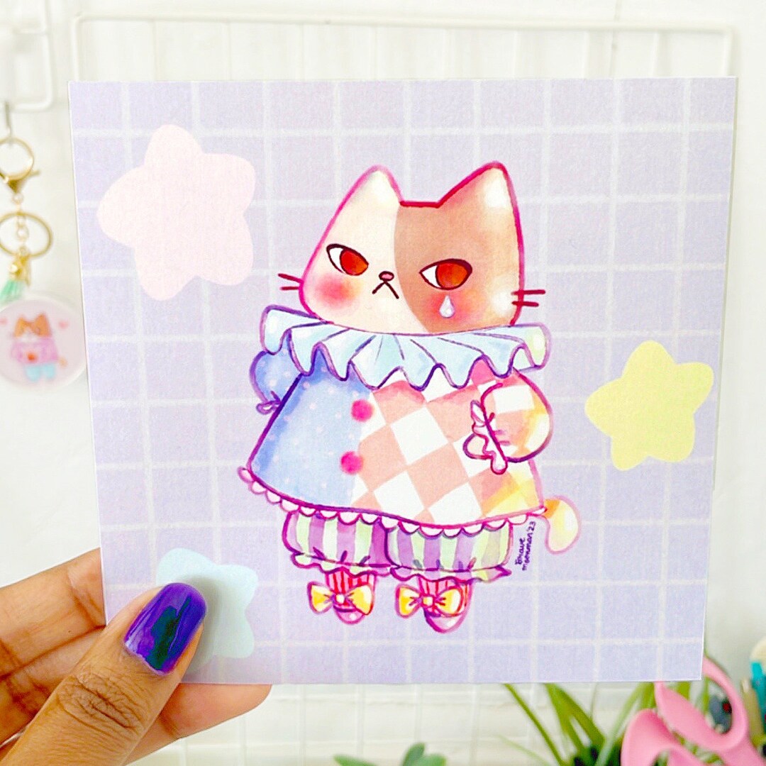 Sad Clown Cat Mini Art Print Quirky Art Purple Wall Decor - Etsy